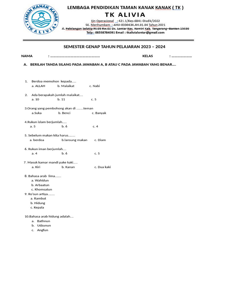 Soal TK Kelas B | PDF