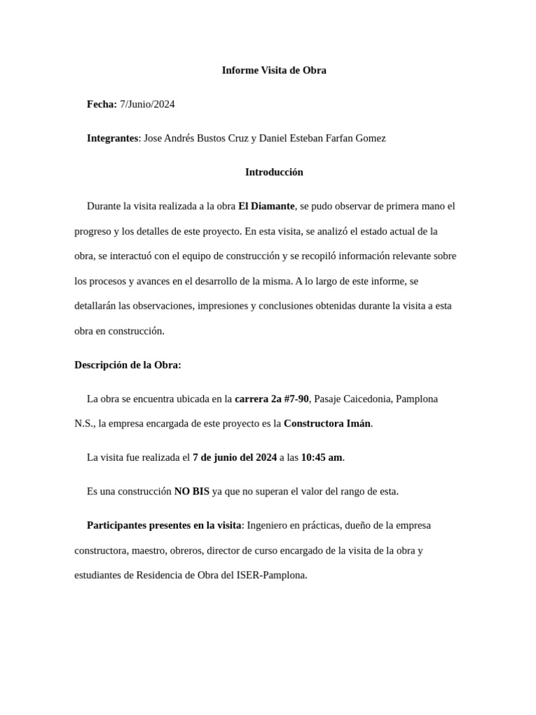 Informe Visita de Obra | PDF