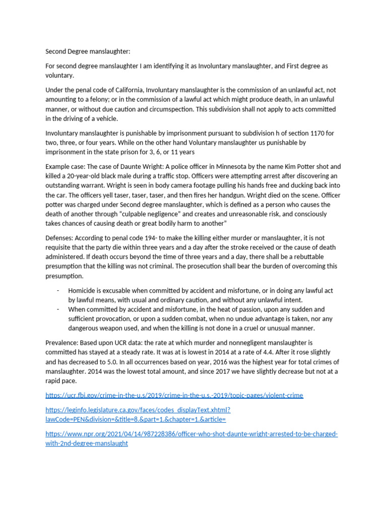 2nd Degree Manslaughter Fact Sheet | PDF | Manslaughter | Murder