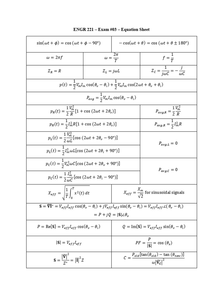 ENGR 221 - Exam #03 - Equation Sheet | PDF