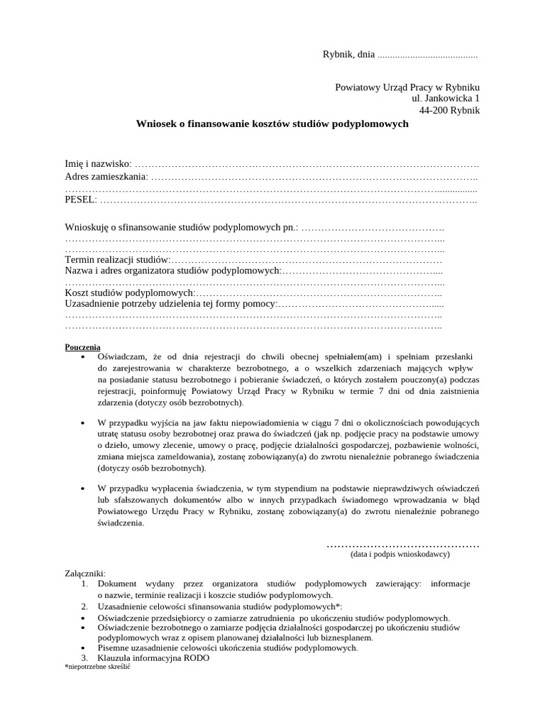 Wniosek o Sfinansowanie Kosztów Studiów Podyplomowych | PDF