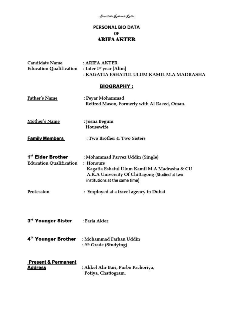 Arifa Biodata 1 | PDF