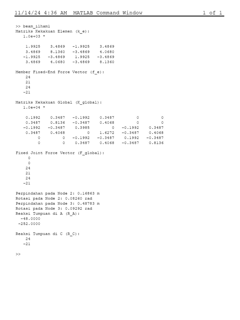 MATLAB Beam Analysis Results | PDF