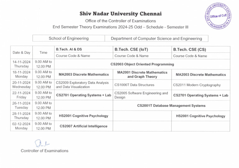 Este2024-25 o Schedule - Cse Ug - Sem 3 | PDF