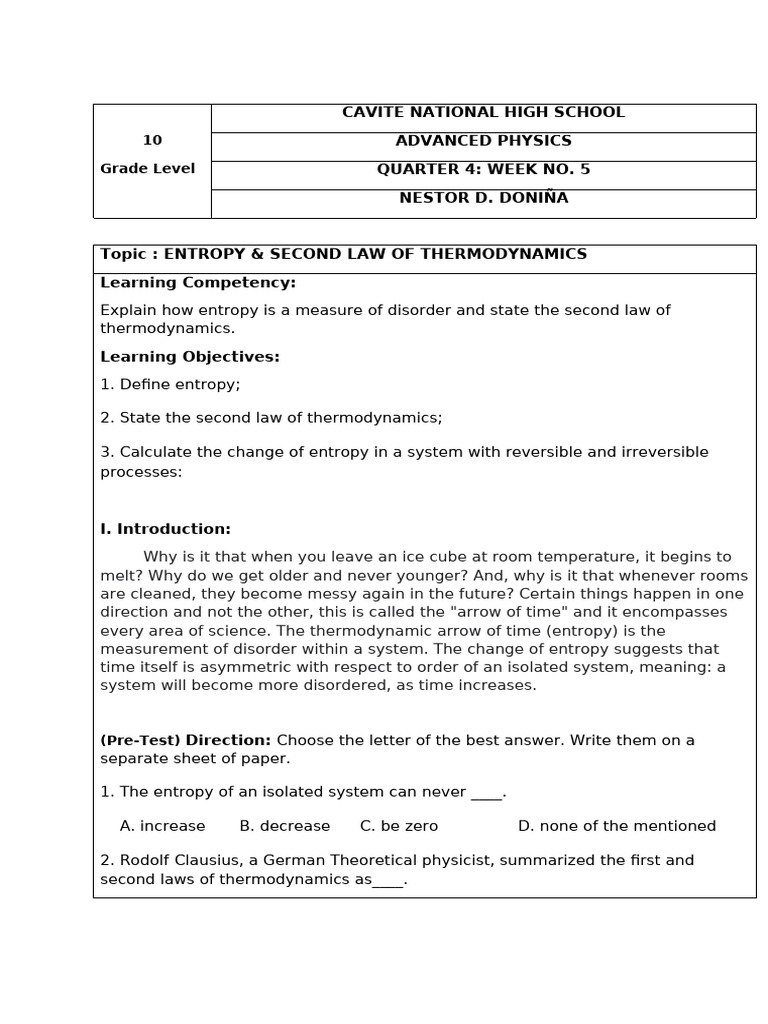 q4 Las Advanced Physics Week 5 2 | PDF | Entropy | Second Law Of ...