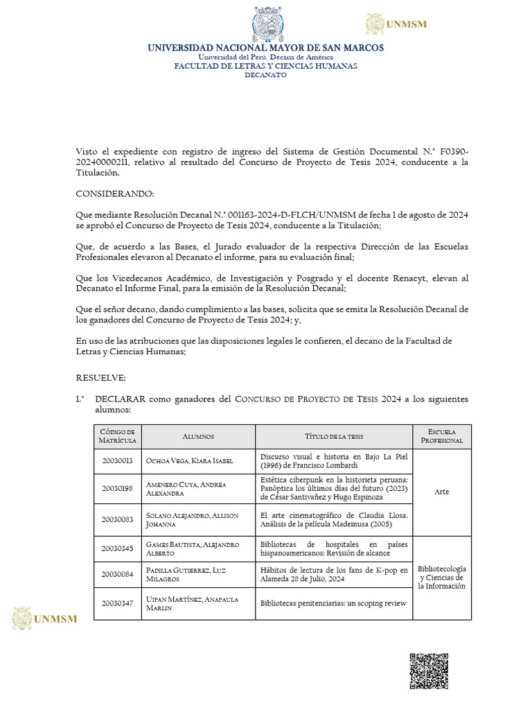 RESOLUCION-DECANAL-001404-2024-D-FLCH_v2_ | PDF | Perú | Science