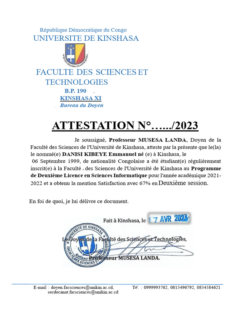 Attestation d'études de Danisi Kibeye | PDF