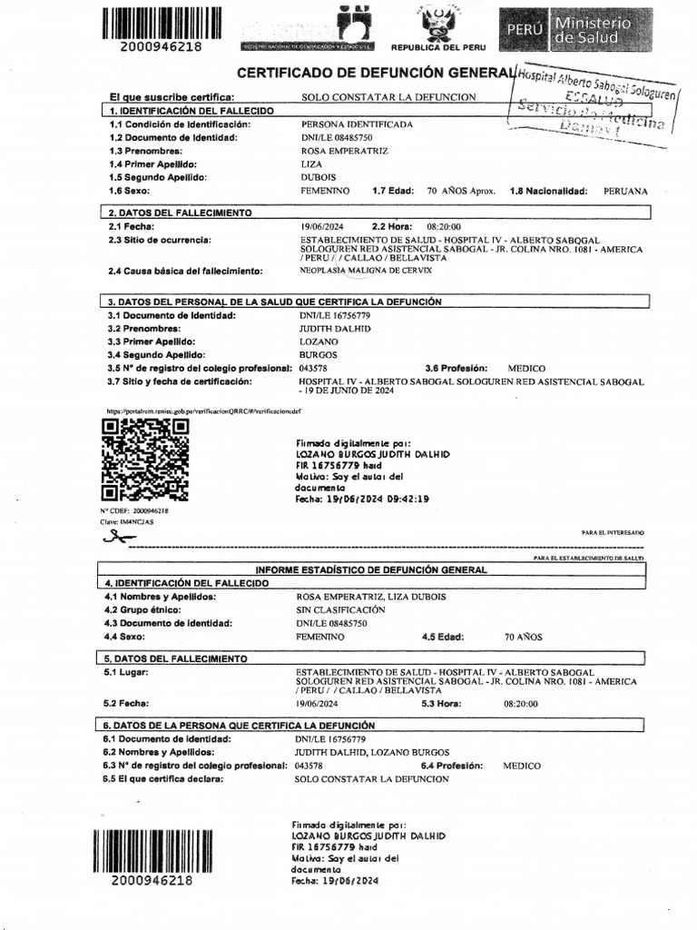 Certificado de Defuncion Liza Dubois | PDF