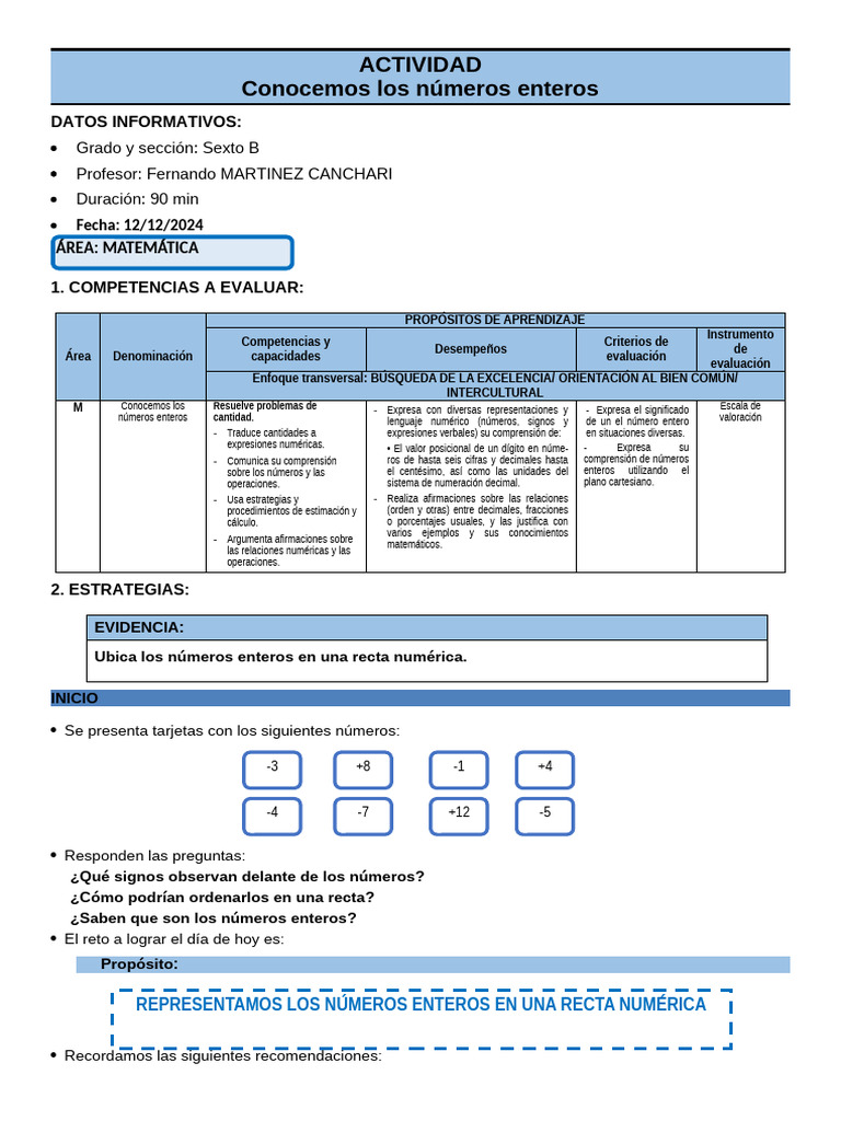 ACTIVIDAD matematica 12 de diciembre | PDF | Números | Entero