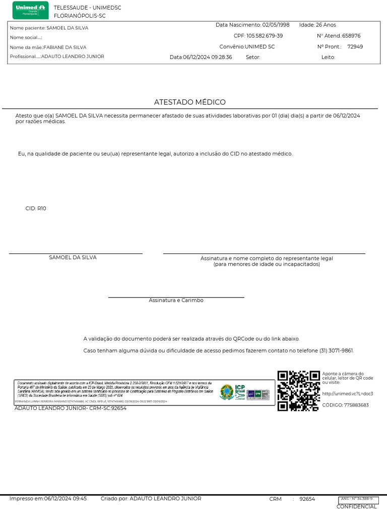 Atestado Médico - CID R10 | PDF
