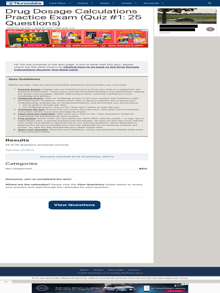 Drug Dosage Calculations Practice Exam (Quiz #1 25 Questions ...