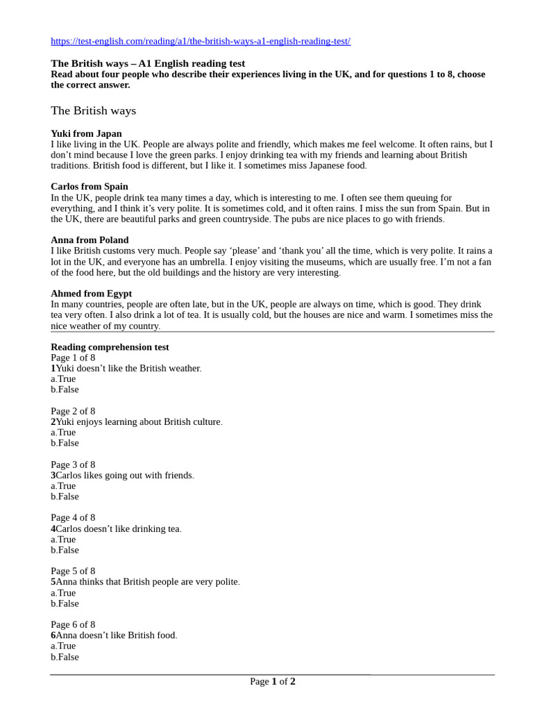British Ways: A1 Reading Test | PDF
