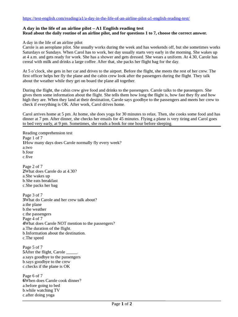 A Day in The Life of An Airline Pilot - A1 English Reading Test | PDF ...