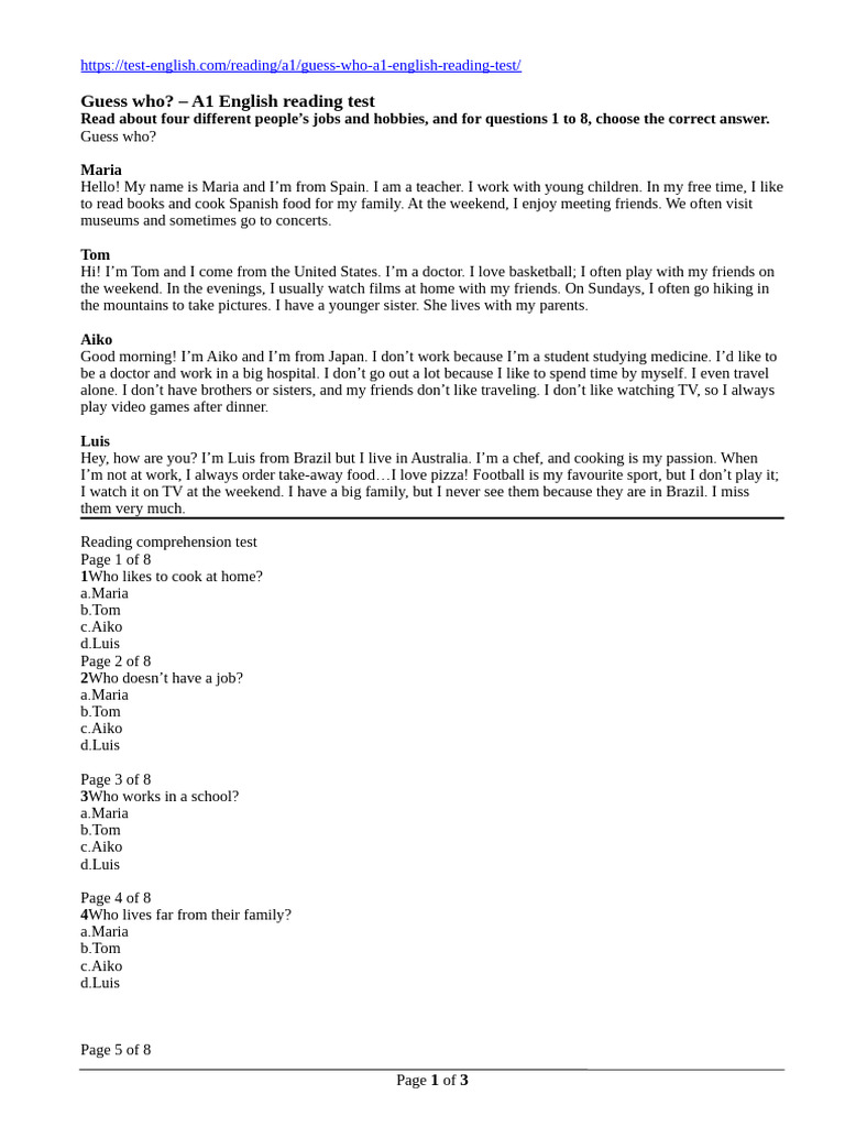 Guess Who - A1 English Reading Test | PDF