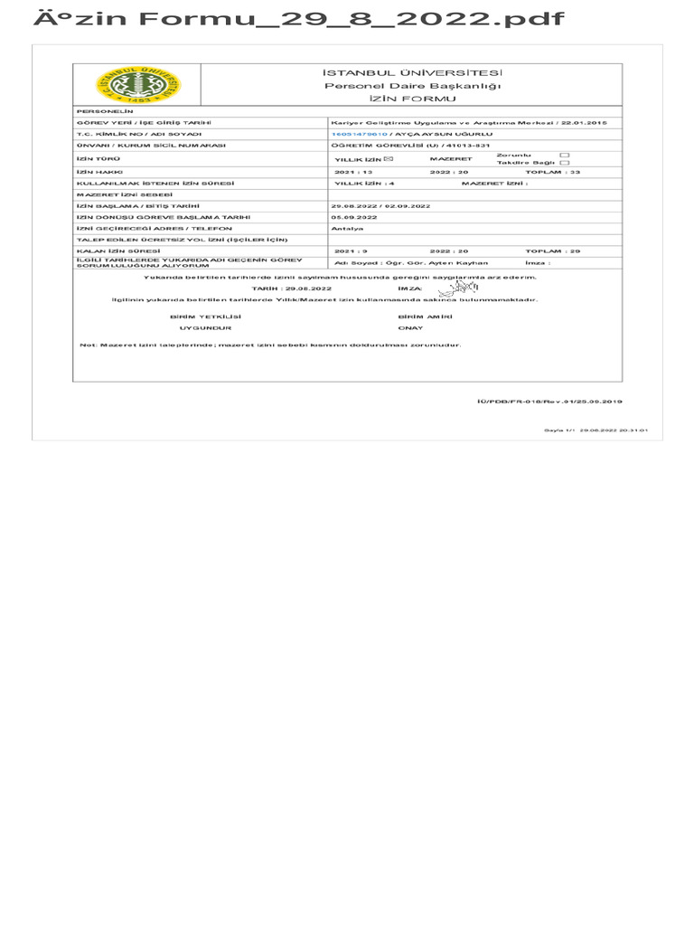 Ä°zin Formu - 29 - 8 - 2022 PDF | PDF