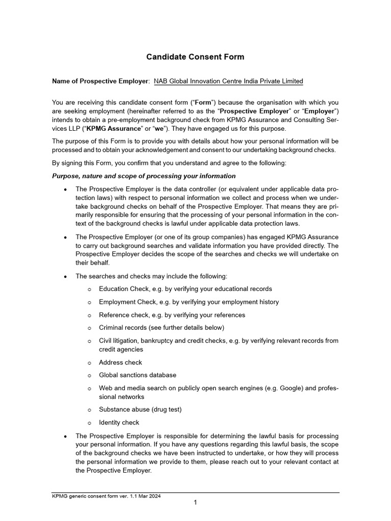 KPMG - Generic Consent Template Ver | PDF | Criminal Record ...