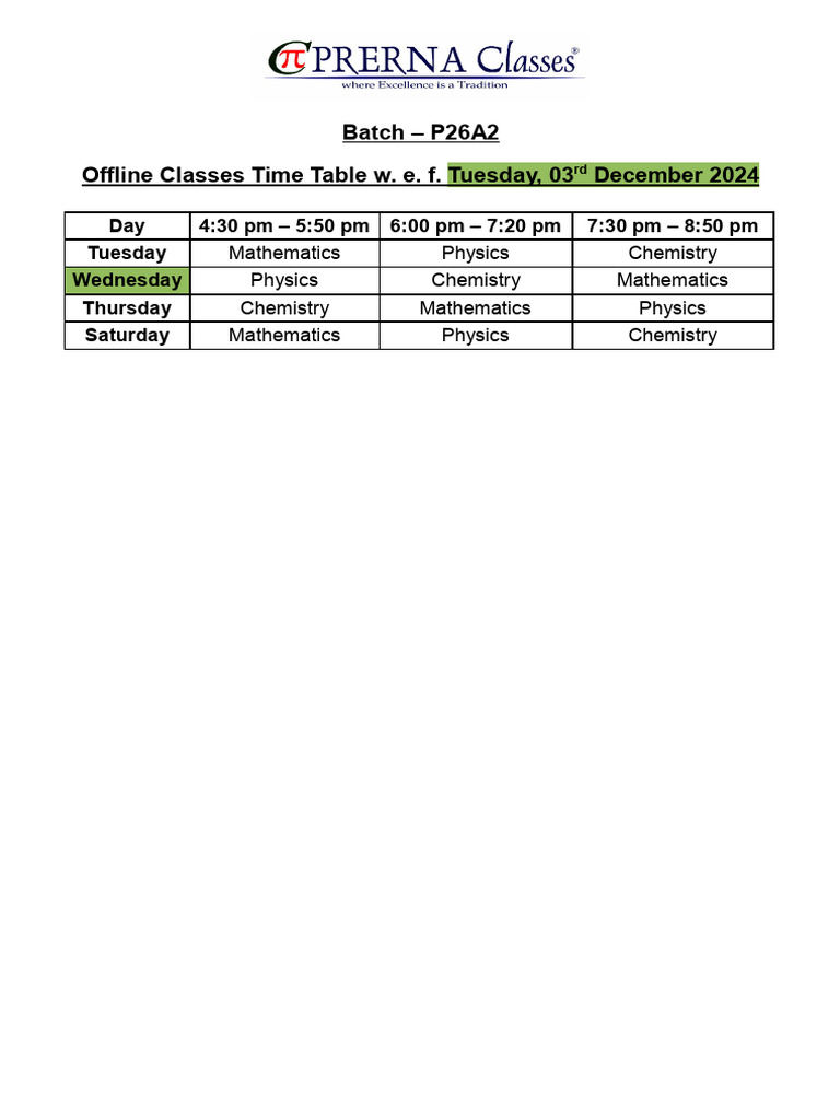 Classes Time Table 26A2 02 12 2024 | PDF