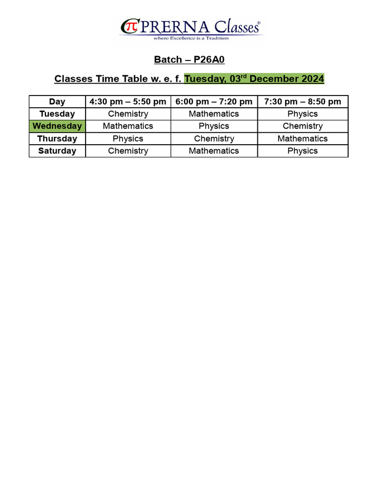 Classes Time Table 26A0 02 12 2024 | PDF