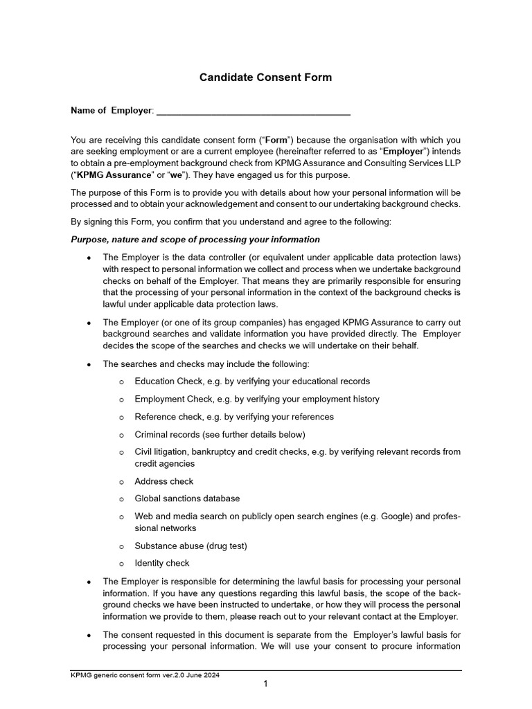 KPMG - Generic Consent Template Ver. 2.0 | PDF | Background Check ...