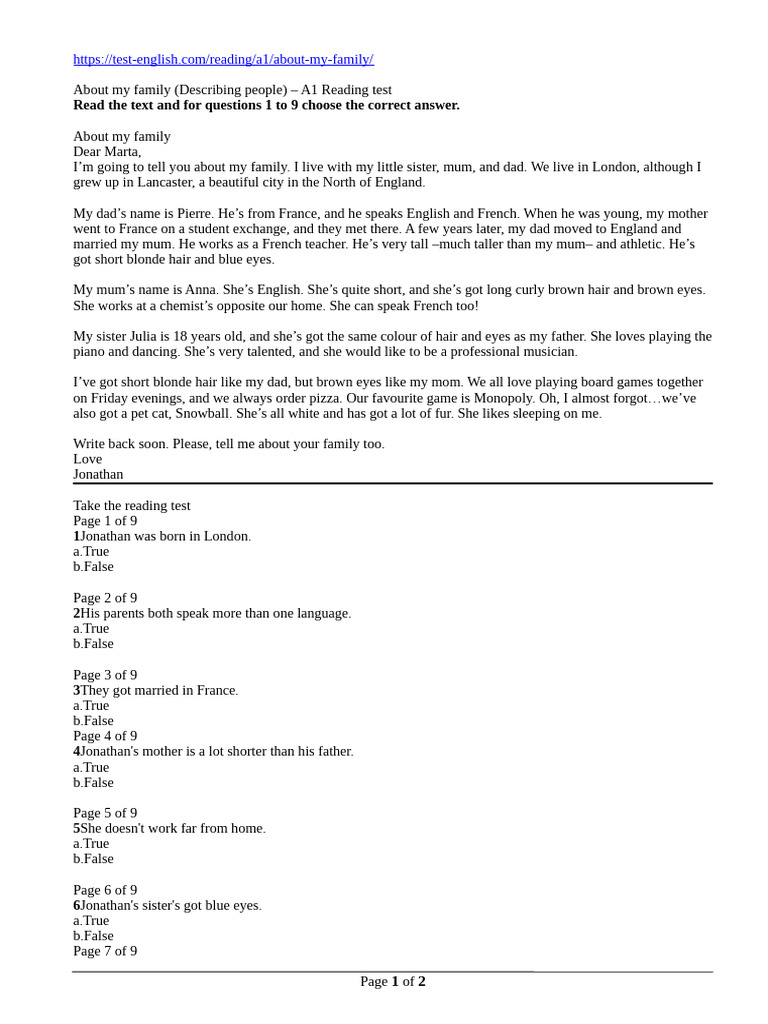 About My Family (Describing People) - A1 Reading Test | PDF