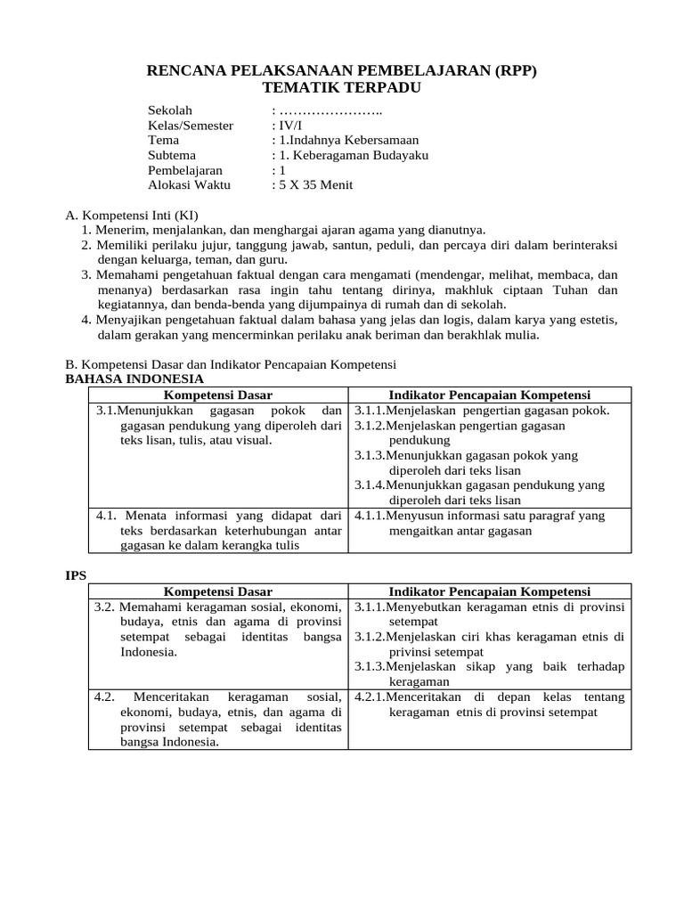 Contoh RPP Kls 4 | PDF