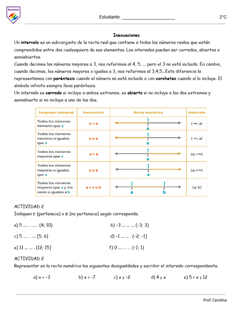 Inecuaciones 2C | PDF | Desigualdad (Matemáticas) | Intervalo (Matemáticas)