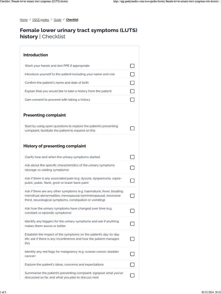 Checklist _ Female Lower Urinary Tract Symptoms (LUTS) History | PDF ...