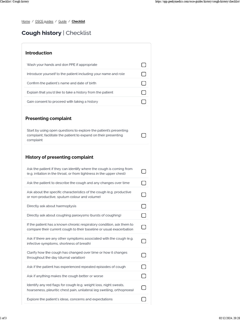 Checklist _ Cough History | PDF | Cough | Allergy