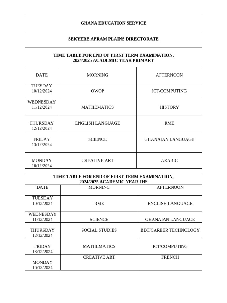 2024/2025 First Term Exam Timetable | PDF