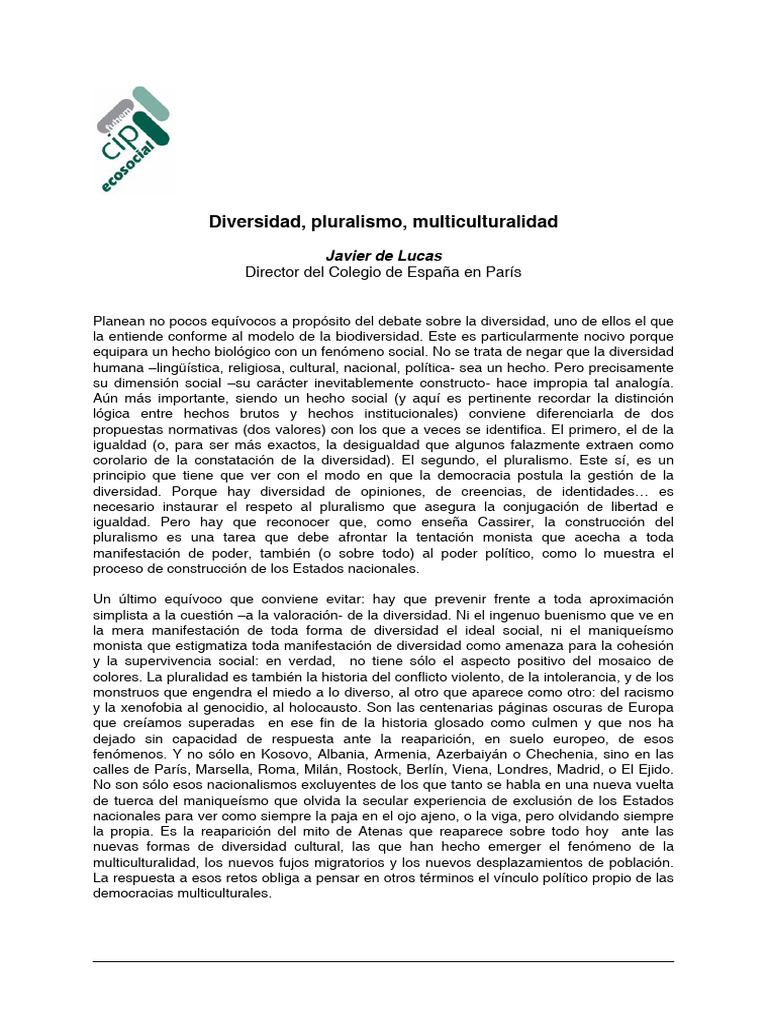 Diversidad y Pluralismo. Multiculturalidad | PDF | Democracia ...
