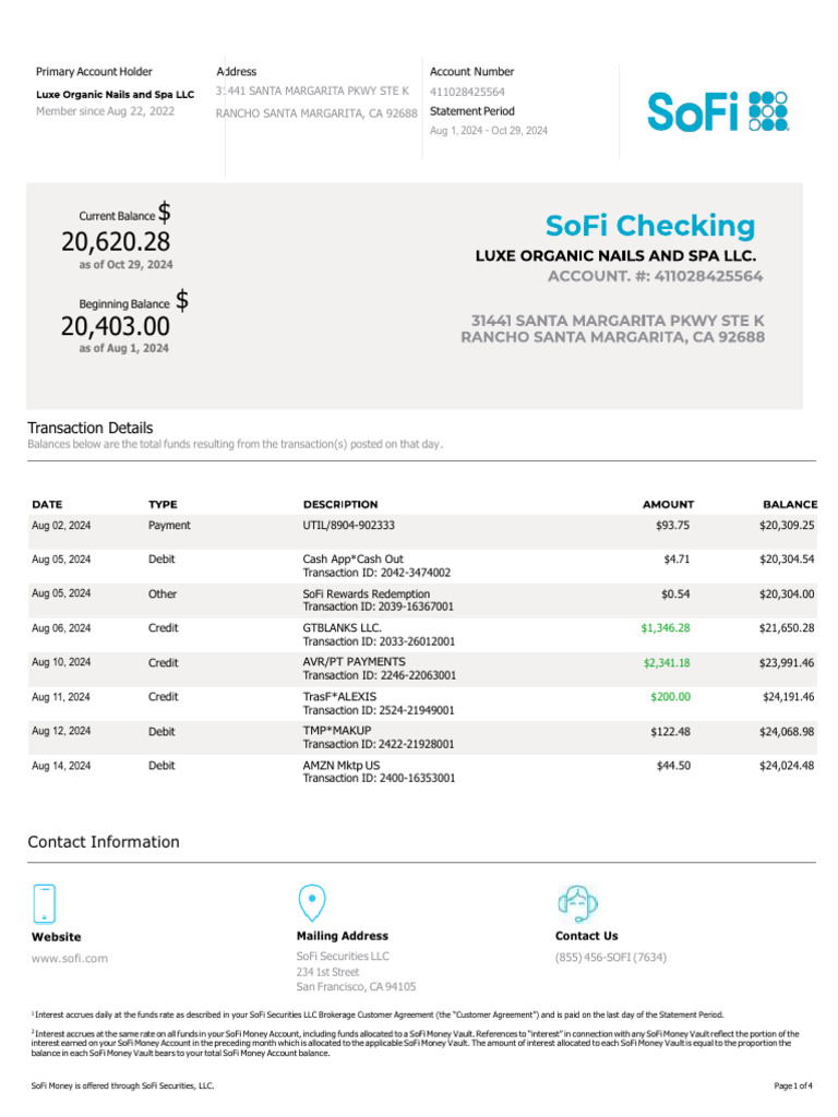 SoFi Money Account Statement Summary | PDF | Credit Card | Banks