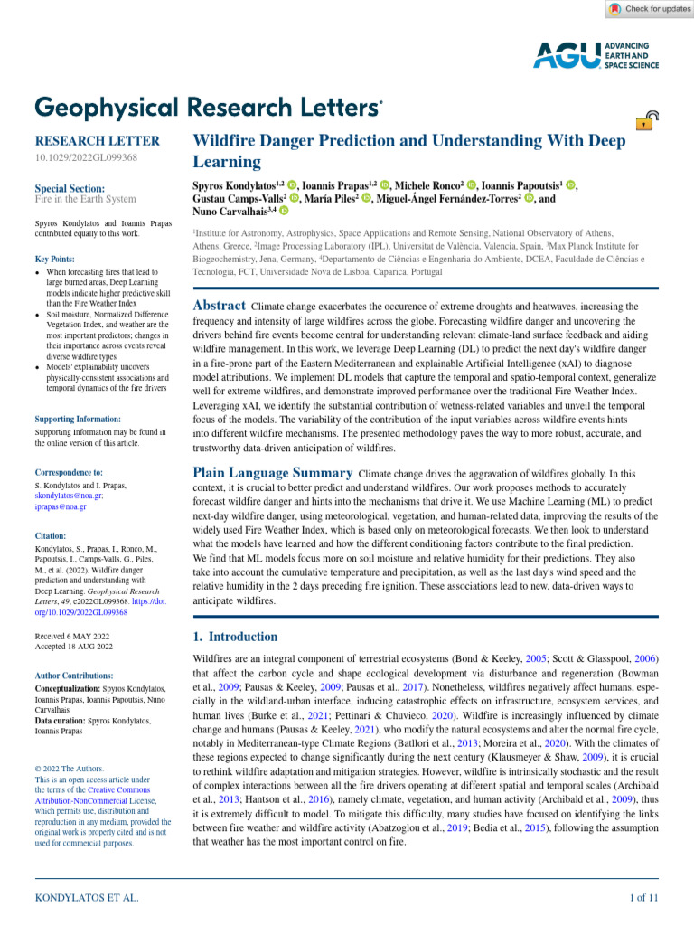 Geophysical Research Letters 2022 Kondylatos Wildfire Danger Prediction And Understanding 