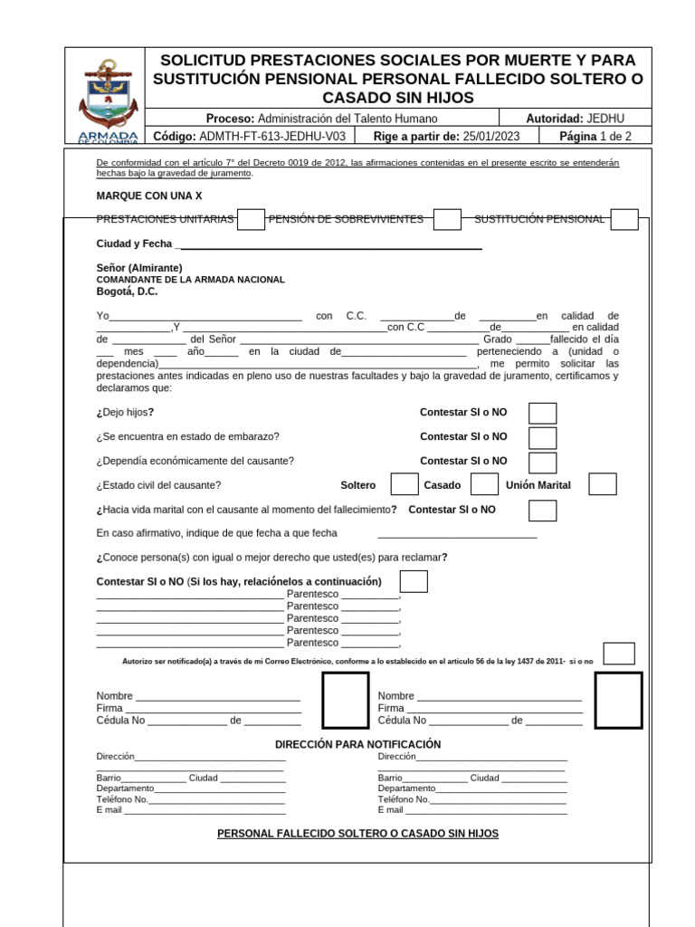 Formato Solicitud Prestaciones Sociales Por Muerte y para Sustitucion Pensional Personal ...