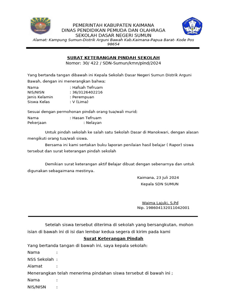 Surat Pindah Siswa | PDF