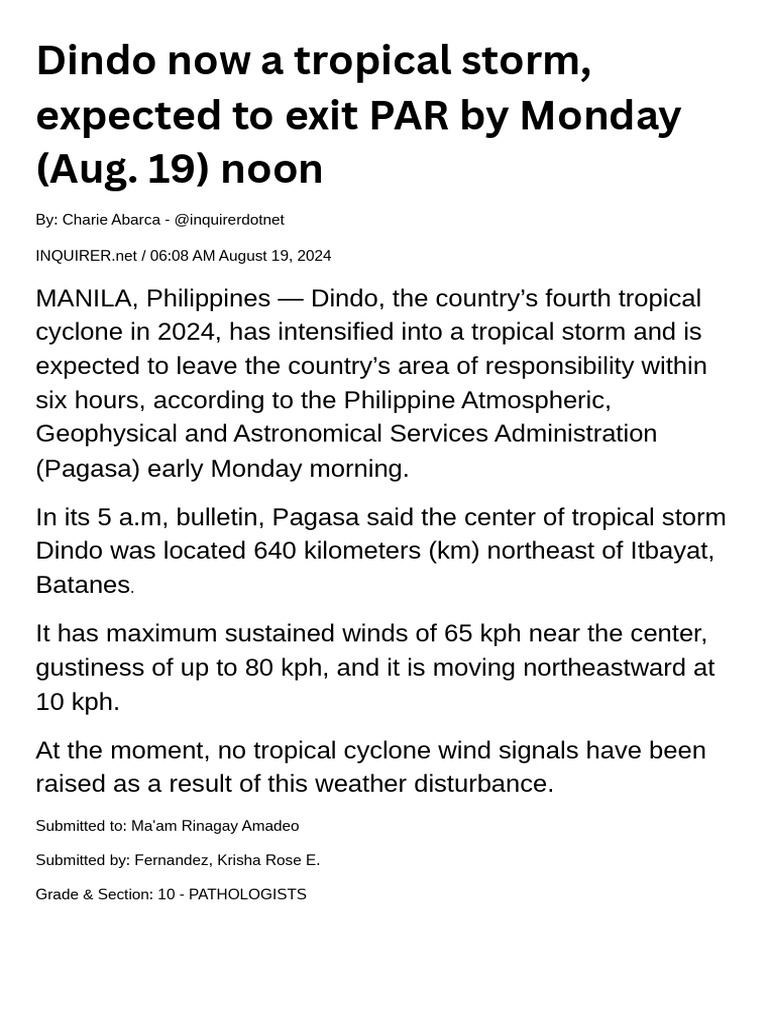 Dindo Now A Tropical Storm, Expected To Exit PAR by Monday (Aug. 19 ...