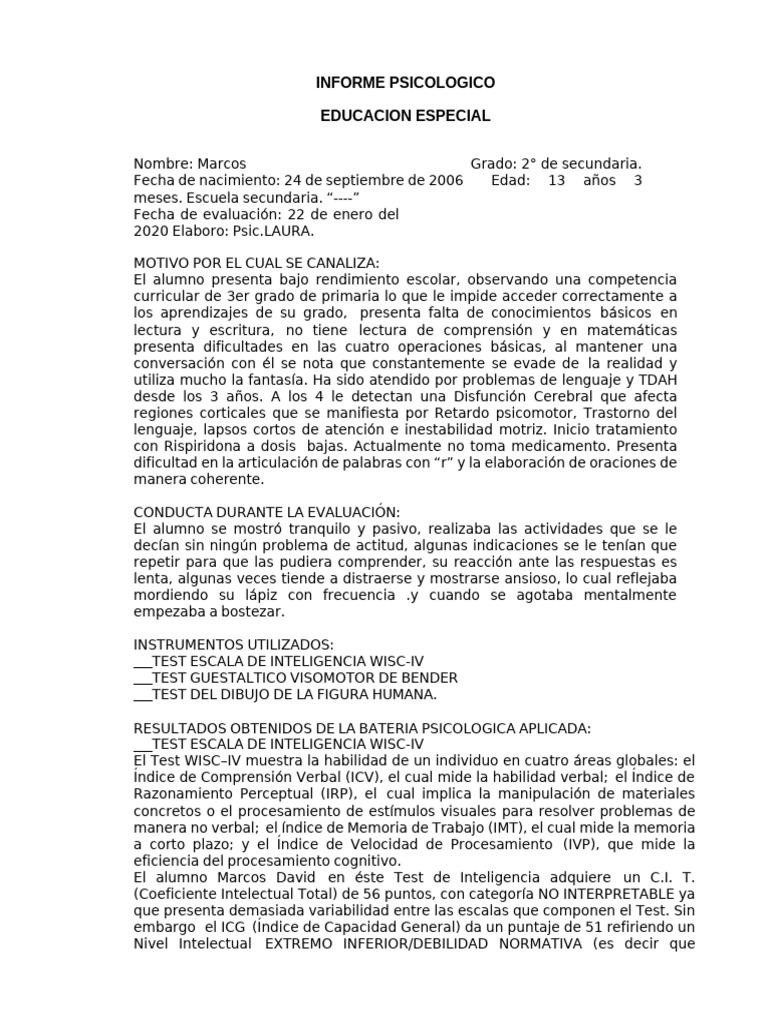 Ejemplo de Informe Psicologico de Un Alumno Con Discapacidad Intelectual | PDF | Cociente de ...