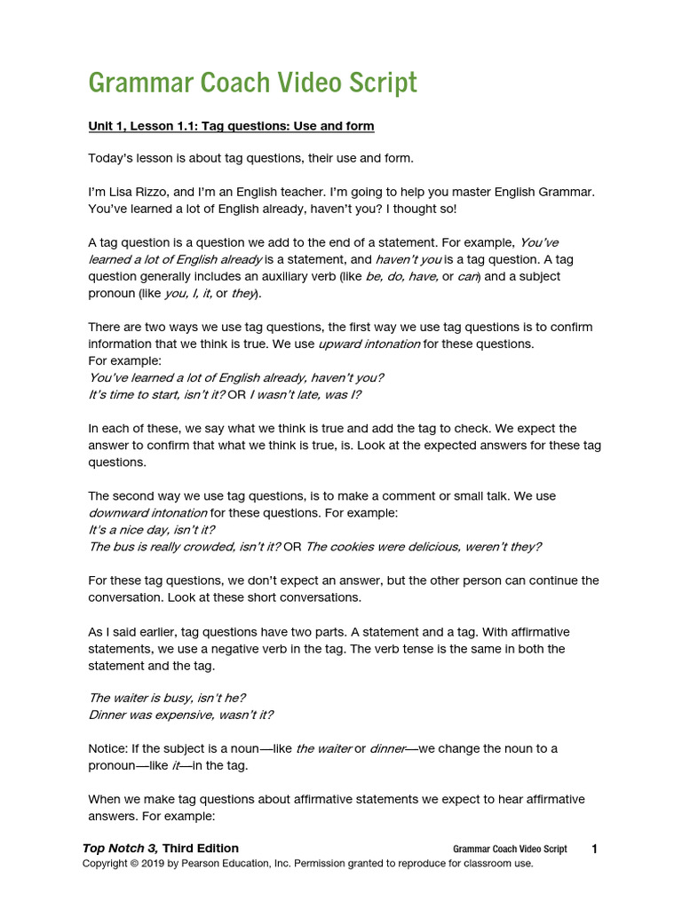 Grammar Coach Video Script | PDF | Question | Verb