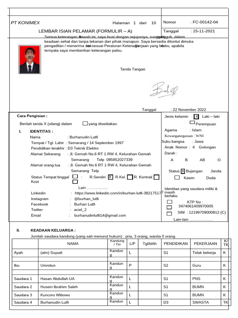 Lembar Isian Pelamar (Formulir - A) : PT Konimex | PDF