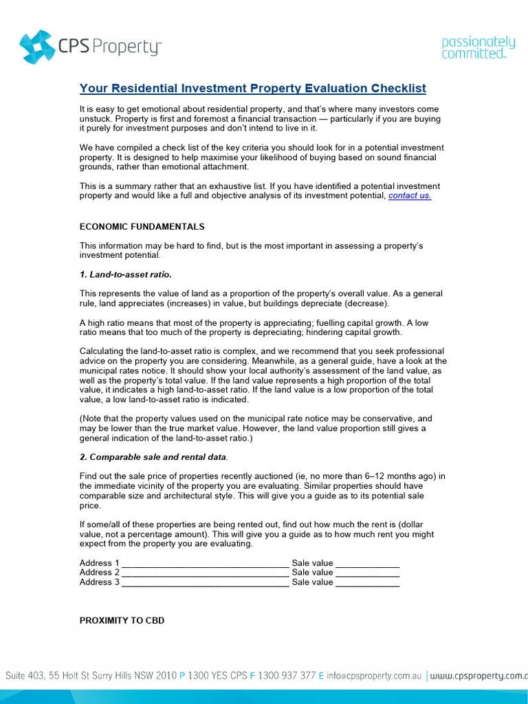 CPS Property Evaluation Checklist | PDF | Investing | Economies