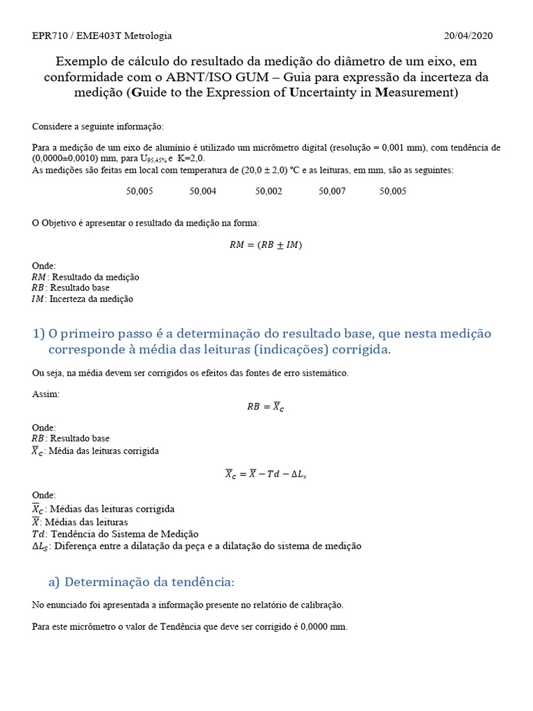 Exemplo de Clculo Do Resultado Da Medio Do Dimetro de Um Eixo em | PDF ...