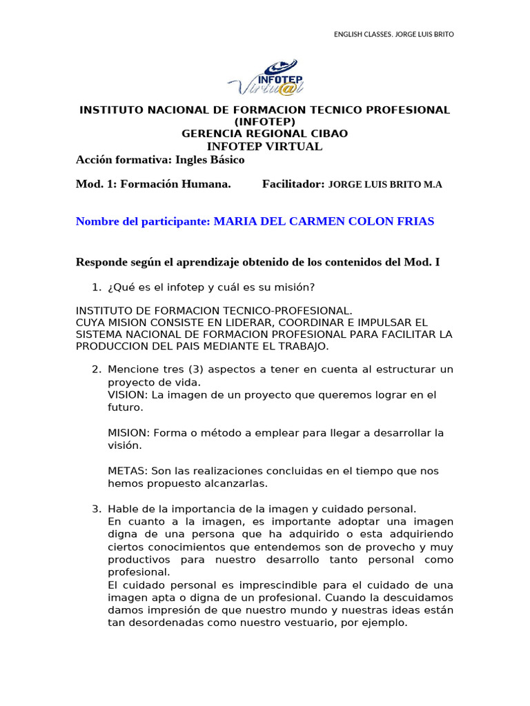 Tarea Modulo 1 (BASSIC ENGLISH) | PDF | Cognición