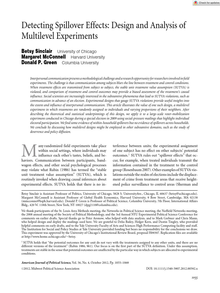 American J Political Sci - 2012 - Sinclair - Detecting Spillover Effects Design and Analysis of ...