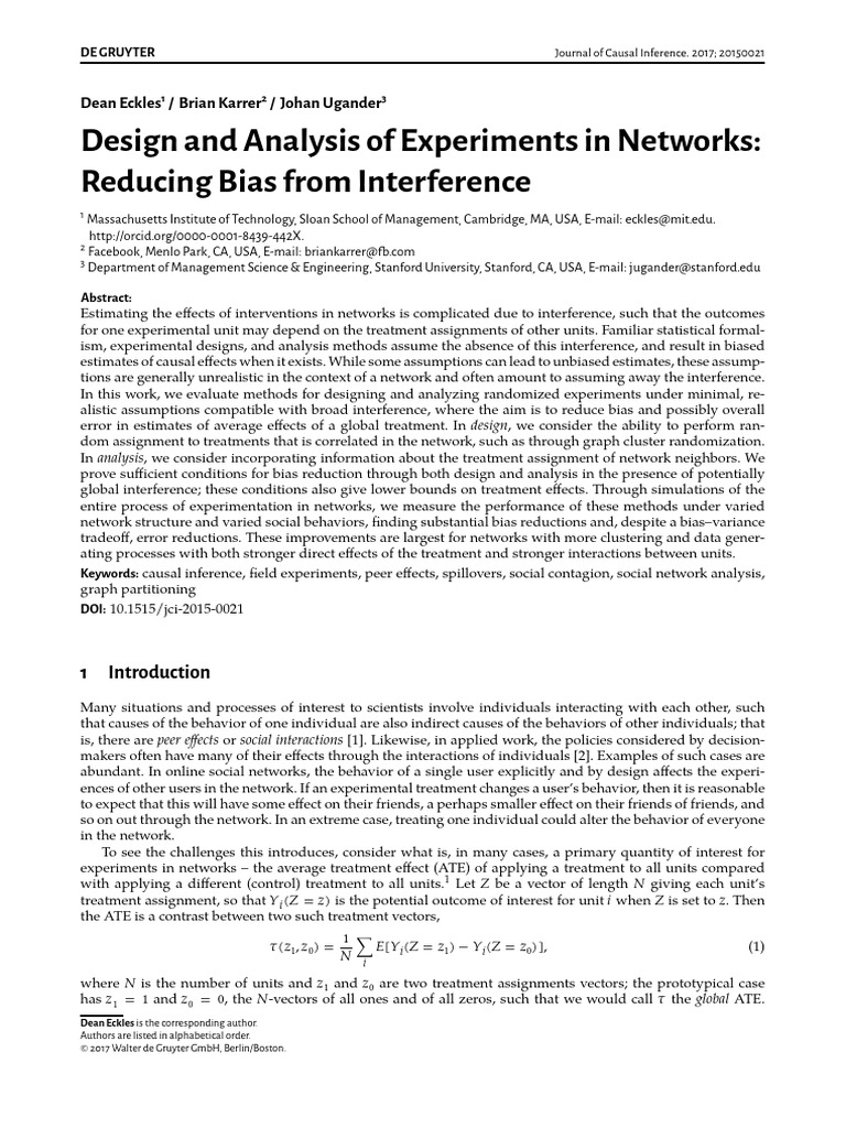 Design and Analysis of Experiments in Networks Reducing Bias From Interference | PDF | Estimator ...