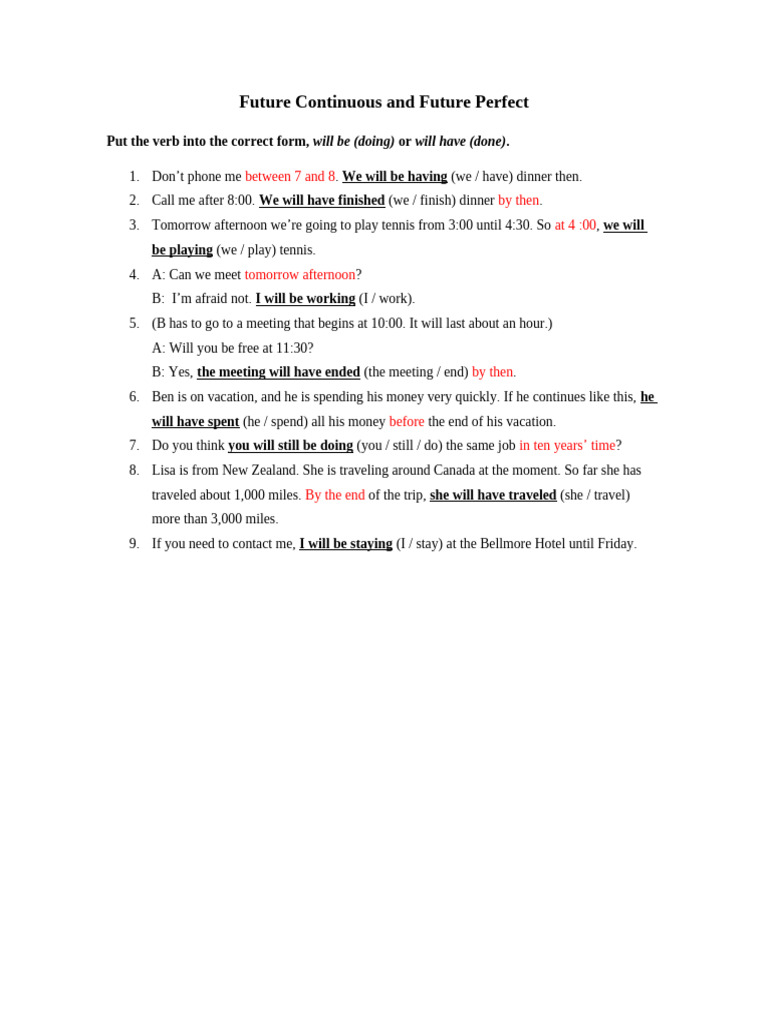 Future Continuous and Future Perfect - Worksheet - Answers | PDF