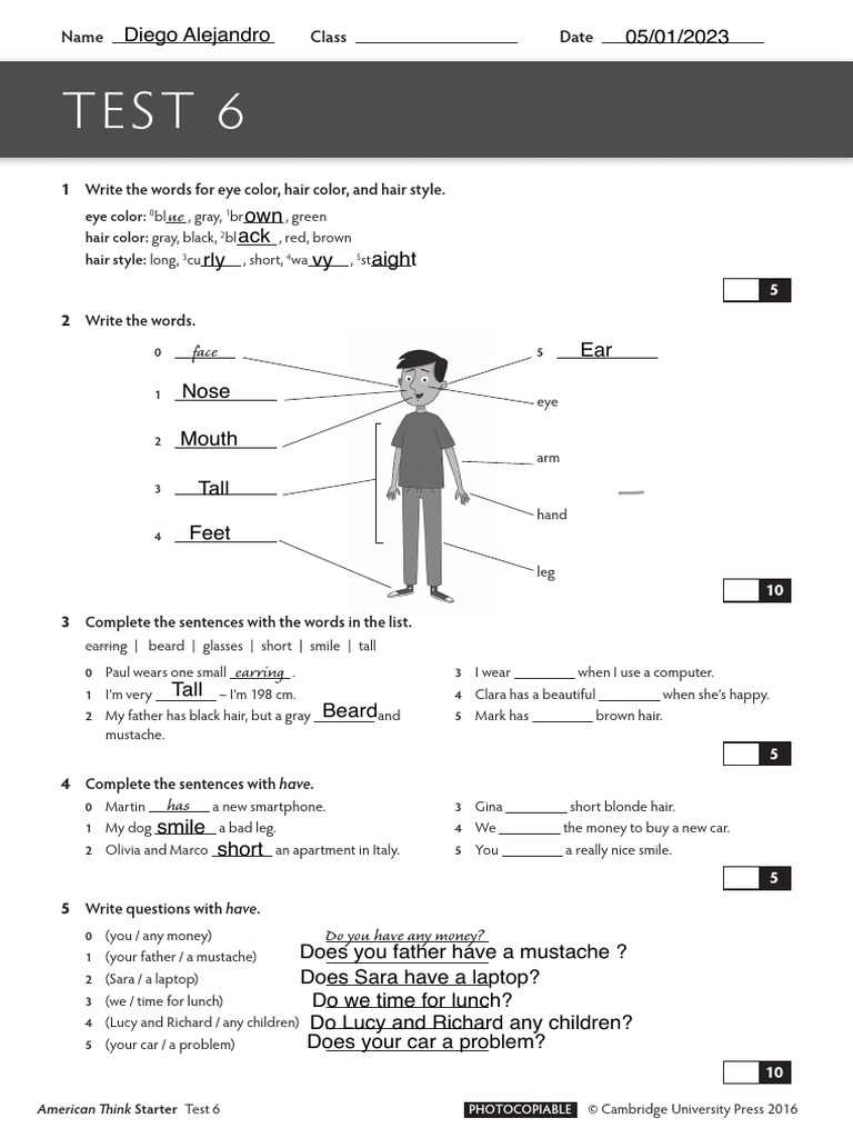 American Think Starter - UNIT 6 Practice Test | PDF | Human Appearance