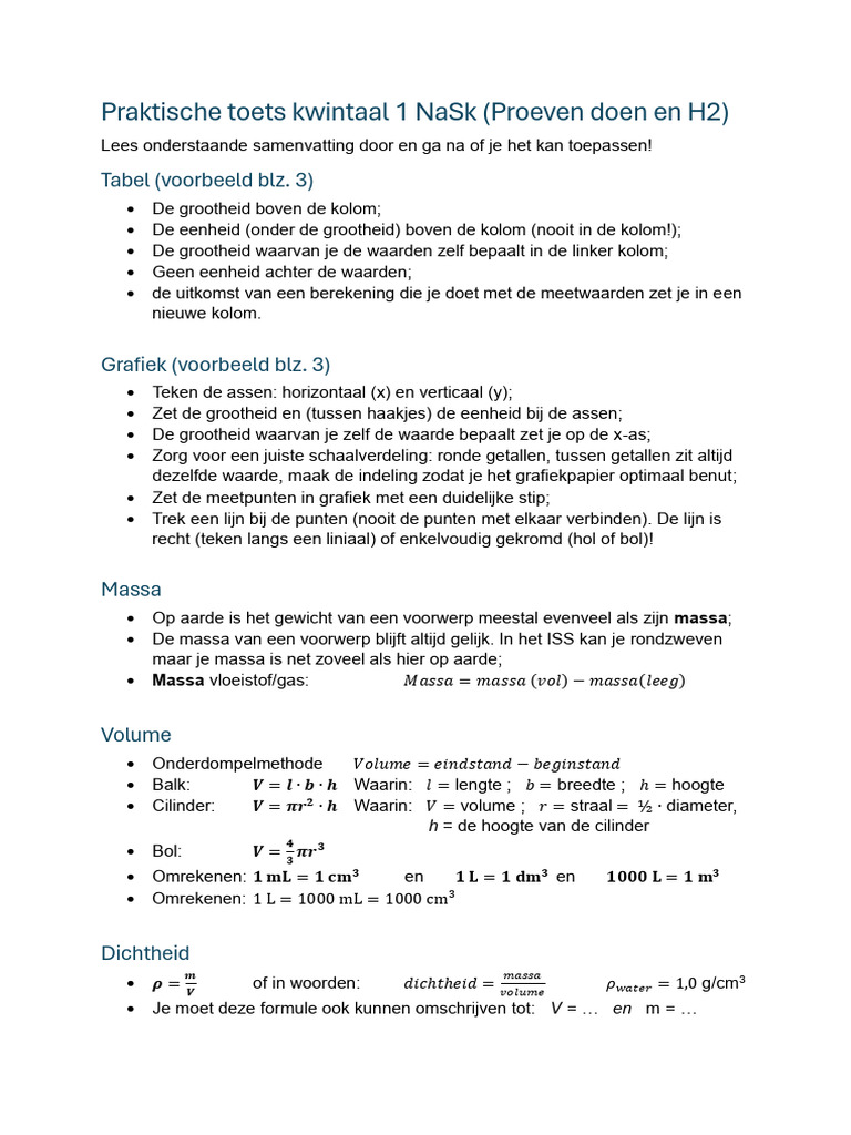 Korte samenvatting eerste praktische toets klas 2 | PDF
