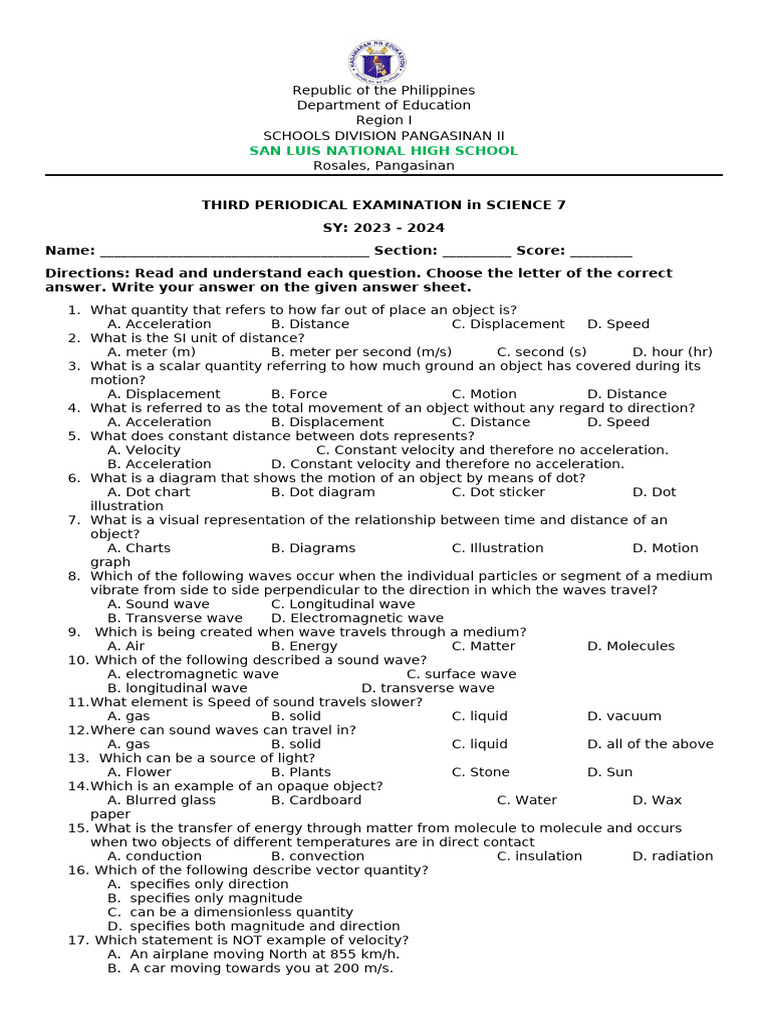 3rd quarter exam science 7 | PDF | Waves | Frequency