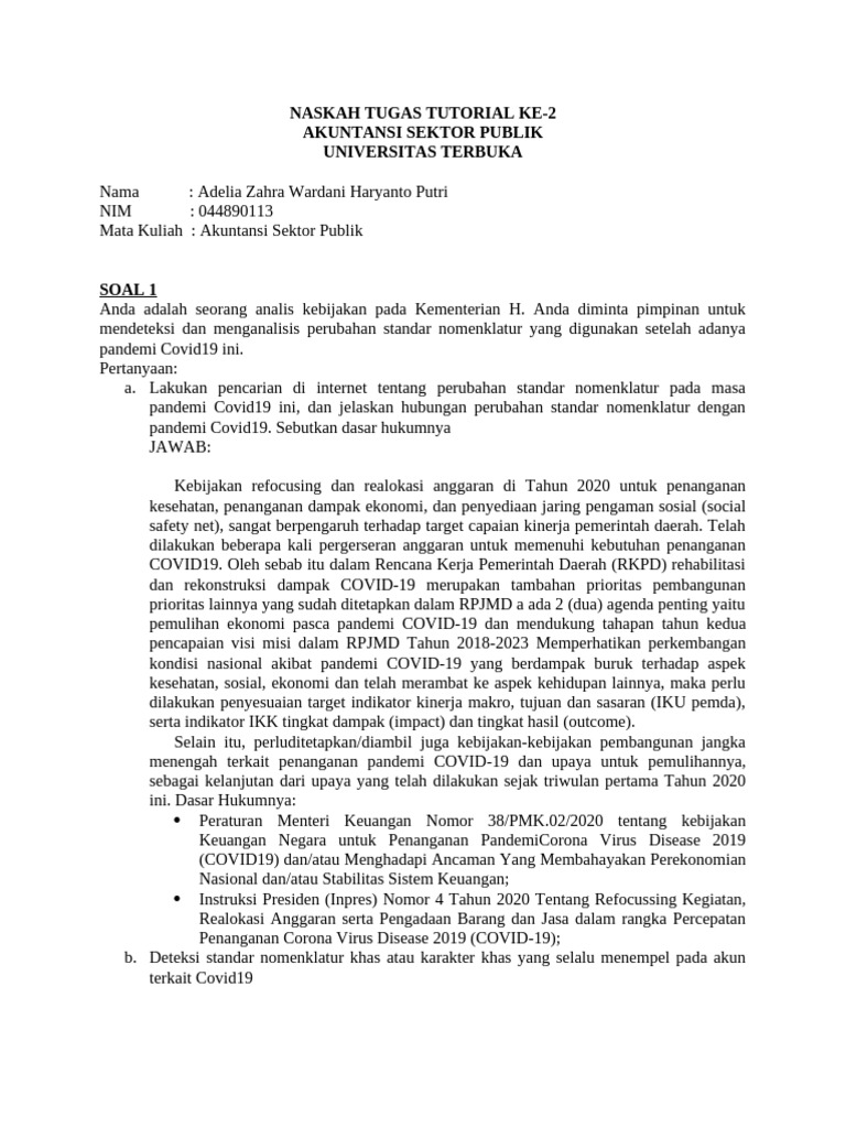 Tugas 2 Akuntansi Sektor Publik-Adelia Zahra Wardani Haryanto Putri-044890113 | PDF