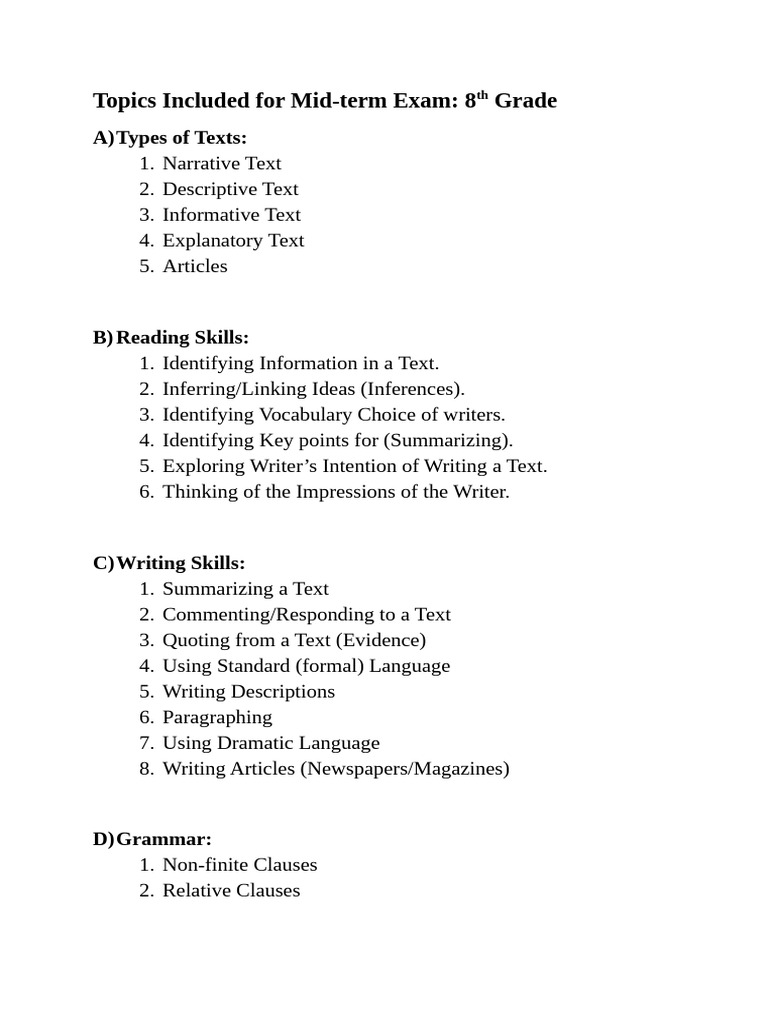8th Grade Mid-term Exam Study Guide | PDF