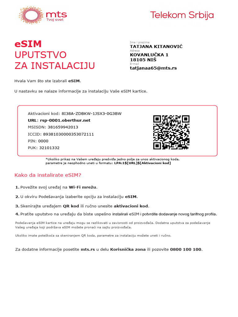 eSIM AKTIVACIJA FIZ LICE 381659942013 | PDF